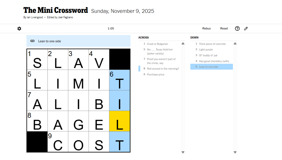 NYT Mini Crossword Answers for Sunday, November 9, 2025